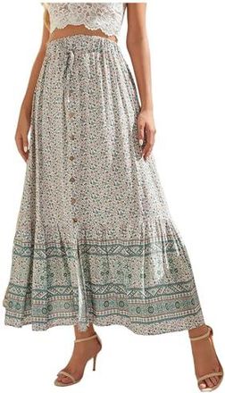 Generic Robes boh&egrave;me 2026 pour femmes - Jupe longue &agrave; motif floral - Taille haute - Imprim&eacute; tendance - D&eacute;contract&eacute; - Bouton en dentelle - Volants fronc&eacute;s, Ver