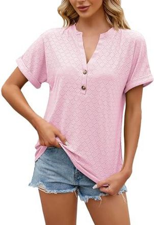 Generic Chemise à manches courtes pour femme - Coupe droite - Couleur unie - Col en V - Boutonné - Manches courtes - Vêtements pour femme - Pour la vie quotid