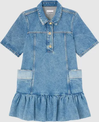 Ganni Robe Patchwork Denim Peplum Mid Blue Vintage