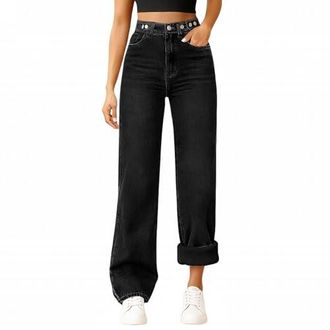 Generic Jean doubl&eacute; en polaire pour femme - Taille haute - Coupe droite - Jambe large - Extensible - Y2K - Pantalon dhiver ample d&eacute;contract&eacute; - Confortable - C