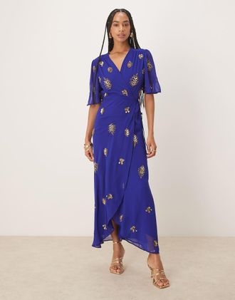 Hope & Ivy Robe portefeuille longue ornement&eacute;e - Bleu de cobalt