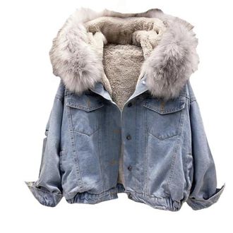 Generic Manteaux dhiver pour femmes - Veste en jean épaisse - Tendance - Automne - Doublure Sherpa - Col en fausse fourrure - Manteau chaud - Parka en polaire