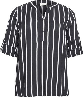 Kaffe Curve Langarm-Bluse KCsida Damen Bluse Langarm V Ausschnitt Casual Streifen Tunika Langarmshirt Große Größen Black/Chalk Stripe 46