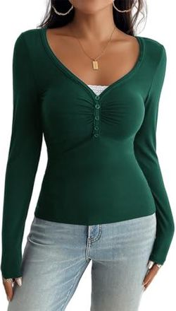 Generic Chemise &agrave; manches longues Henley pour femme, haut basique &agrave; boutons, coupe ajust&eacute;e, hiver, printemps, mignon, d&eacute;contract&eacute;, basique, Vert, XL