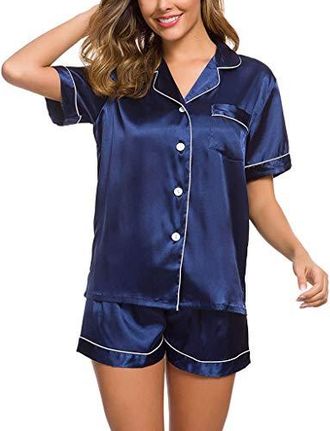 Generic Ensemble de pyjama pour femme en satin de soie, ensemble de pyjama pour mariée, vêtements de nuit boutonnés, vêtements de détente en satin, pyjama deu