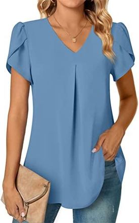 TOMWELL Blouse Femme Été Chemisier en Mousseline de Soie a Chemisier Manches Courtes Col V Tunique Fluide T-Shirt Couleur Unie Blouse Casual Travail Femme Chi