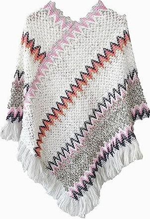 Generic Pull r&eacute;tro &agrave; pompons pour femme, poncho color&eacute; de style ethnique vintage en tricot torsad&eacute; ch&acirc;le enveloppant col en V Ponchos et capes dhiver tendance