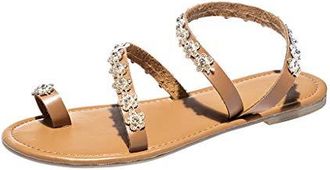 Generic Sandales plates en cuir pour femme - Sandales plates avec strass - Sandales romaines tendance - Chaussures de plage &eacute;l&eacute;gantes - Chaussures de marche l
