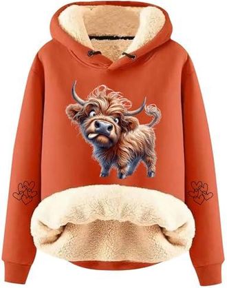 Generic Sweat de Noël pour femme - Automne et hiver - Doux et chaud - Manches longues - Pull de Noël fantaisie amusant - Imprimé vache des Highlands - Polaire