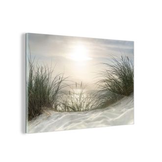 MuchoWow Glasbild Glasfoto Wandbild Bilder Deko 120x80 cm Sand - Gras - Sonne