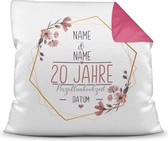 Tassendruck Kissen Hochzeitstag Porzellan Hochzeit - mit Name & Datum selbst gestalten - 20 Jahre Ehe, Geschenk Hochzeit, Jubiläum, Jahrestag - Farbkissen Rücksei