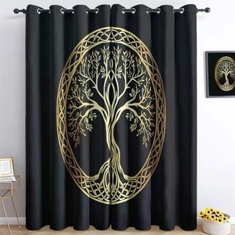 Generic Rideaux à Oeillets - Noir Imprimés avec Motif Arbre de Vie Celtique pour Maison Salon Rideaux 117L X 137H cm (2 Panneaux) pour Chambre À Coucher Salon