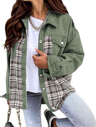 Generic Veste en jean surdimensionn&eacute;e &agrave; carreaux pour femme - Manches longues - Style d&eacute;contract&eacute; et tendance, Vert, XXL