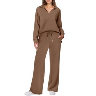 Generic Ensemble de voyage deux pi&egrave;ces, tenue d&eacute;contract&eacute;e &agrave; manches longues, haut polo et pantalon &agrave; jambes larges, ensembles assortis, marron, XXL