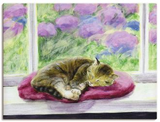 Artland Bild auf Leinwand Leinwandbilder Wandbilder 80 x 60 cm Tiere Haustiere Katze Malerei Lila A8UE Katze auf Gartenfensterbank