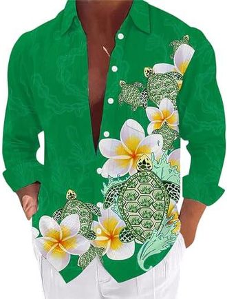 Generic Chemise hawa&iuml;enne pour homme Dengjiamy - Chemise d&eacute;contract&eacute;e avec tortues de mer &agrave; manches longues - Chemise boutonn&eacute;e fleurie pour la plage et les v