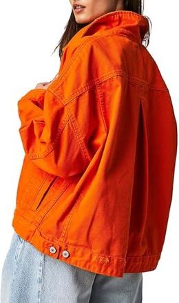 Generic Veste En Jean Pour Femmes Avec Col &Agrave; Revers, Boutonn&eacute;e &Agrave; Lavant, Manches Longues, Coupe Ample Et Tendance, orange red, XL