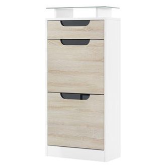 Vladon Meuble &agrave; Chaussures Fiesta V2, Corps en Blanc Mat/Fa&ccedil;ades en Ch&ecirc;ne Brut avec Un Decor en Noir Haute Brillance