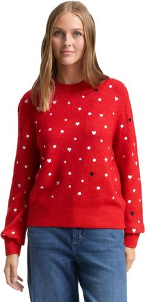 Tom Tailor Damen 1049088 Relaxed Fit Strickpullover mit Stickereien, 40014-Red with Hearts, S