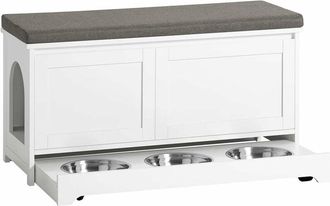 SoBuy FSR136-W Katzenhaus mit Katzennäpfe Katzenklo Schrank Schuhbank mit Katzenhaus Truhenbank Sitzbank mit Sitzfläche Haustier Haus Tierhaus Katzenhöhle