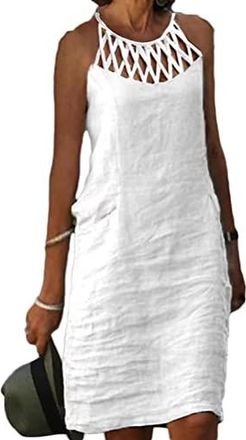 Onsoyours Femme Robe Été Mi-Longue Manches Couleur Unie Robe Courte Au Genou Robe Casual Col Rond Boutonnée Décontractée A13 Blanc XL