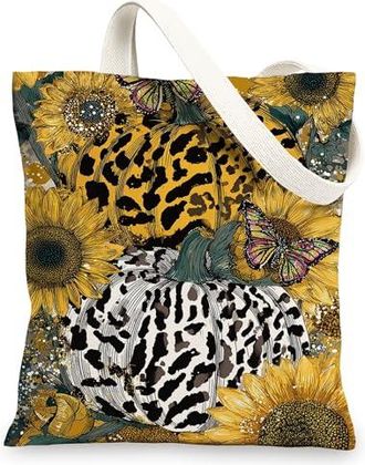 Generic Sacs fourre-tout en toile de tournesol, motif citrouille floral artistique, sacs de courses réutilisables, modernes, chics, légers, lavables, jaune, 1