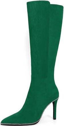 elashe Bottes pour Femme Vert Bottes Femme Hautes en Daim &eacute;l&eacute;gantes 9.5 cm Talon Aiguille Fermeture &Eacute;clair Lat&eacute;rale avec D&eacute;coration Beads Mod&egrave;le &agrave; Pointe Fin