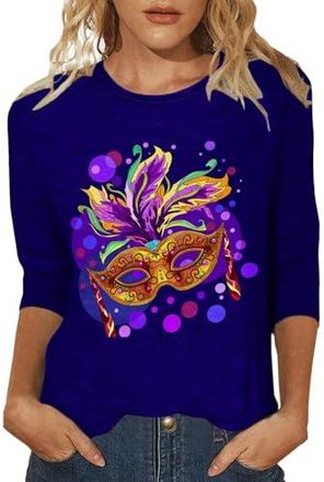 Generic Haut &agrave; manches 3/4 pour femme - Chemise de carnaval - Imprim&eacute; graphique - Col rond - &Eacute;l&eacute;gant et fin - D&eacute;contract&eacute; - Chemisier basique classique - Pour