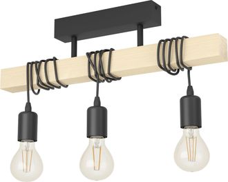 Eglo Deckenlampe Townshend, 3 flammige Vintage Deckenleuchte im Industrial Design, Retro Pendelleuchte aus Stahl und Holz, Schwarz, braun, FSC zertifiziert