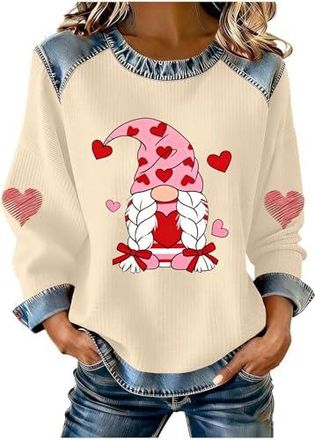 Generic Sweat-shirt &agrave; manches longues en denim pour femme - Motif coeur - Patchwork - Pull l&eacute;ger &agrave; manches longues - Col rond - Pull d&eacute;contract&eacute;, beige, 3XL
