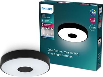 Philips Coiner SceneSwitch LED Deckenleuchte, rund, 24 W, 2800 Lumen, 4000 K, Schwarz, IP20, kühlweißes Licht, 3 Lichteinstellungen