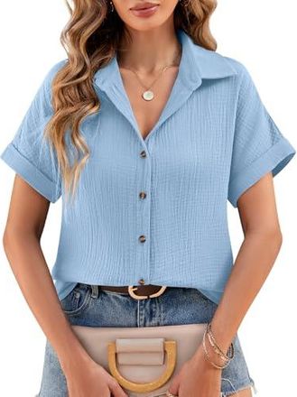 Heekpek Lonya Chemise Femme Haut ÉTÉ pour Femmes avec col en V Élégant Chic T-Shirt Coton Lin à Manche Courte Chemisier Tunique Tops avec Boutons Dété Décontr