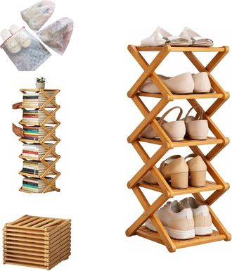 Generic 9-St&ouml;ckiges Bambusregal, 9-St&ouml;ckiges Bambusregal Ohne Montage, Faltbarer Platzsparender Schuhorganizer, Vertikale Schlanke Schuhaufbewahrung Mit 2-10 