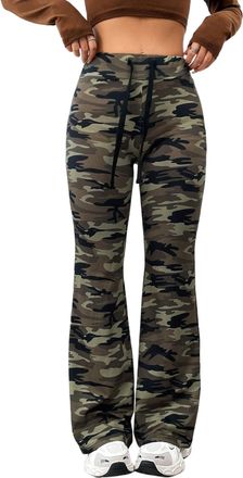 SOLY HUX Damen Hosen Y2K Camouflage Hose Hohe Taille Freizeithose Elestischer Bund Schlaghose Casualhose mit Tunnelzug Herbst Outfit Armeegr&uuml;n XS
