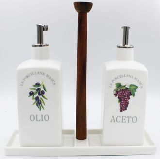 La Porcellana Bianca Wunderschönes 3er Essig Öl Set Spender inkl. Halterung Ständer Ölspender Essigspender Menage