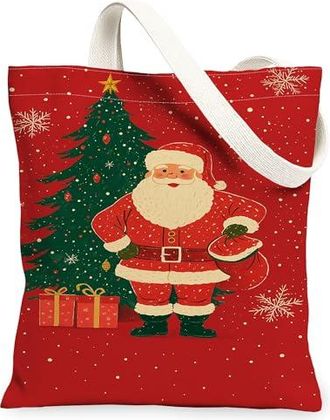 Generic Sacs fourre-tout en toile de No&euml;l, motif P&egrave;re No&euml;l festif et arbre, sacs de courses r&eacute;utilisables, vintage, vacances l&eacute;g&egrave;res, lavables en toile pour c