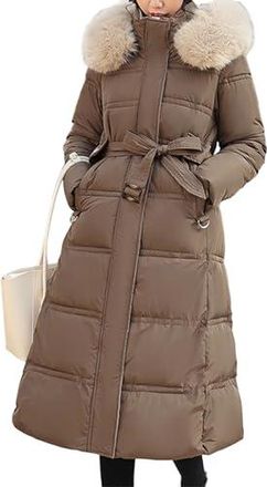 Generic Manteau dhiver long en duvet &eacute;pais et chaud pour femme, parka, manches longues, ceinture rembourr&eacute;e avec capuche en fausse fourrure, Caf&eacute; kaki., XXL