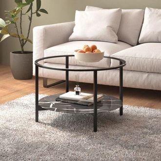 vidaXL Table &agrave; th&eacute; Noir et marbre noir 70 cm Verre tremp&eacute; Vidaxl