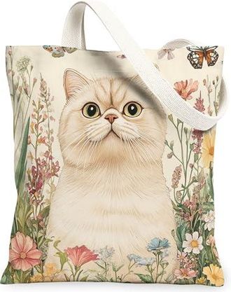 Generic Sac fourre-tout en toile motif chats persans &agrave; poils courts pour le shopping, 33 x 38 cm, motif floral vintage, r&eacute;utilisable, sac d&eacute;picerie pour femme