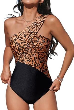 Cupshe Maillot de bain une pièce pour femme, contrôle du ventre, asymétrique, col asymétrique, bretelles larges froncées, Noir/léopard, Taille M