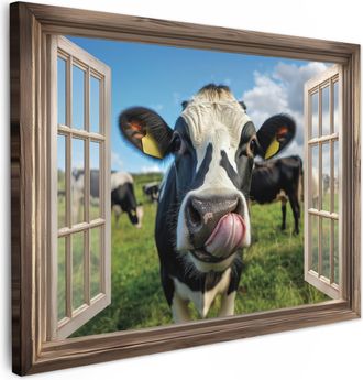 MuchoWow &copy; Leinwand Bilder 70x50 cm Wanddeko Wohnzimmer Aesthetic Room Decor Deko Zimmer Wandbilder Modern Bild auf Leinwand Fensterblick - Kuh - Wiese - Tiere