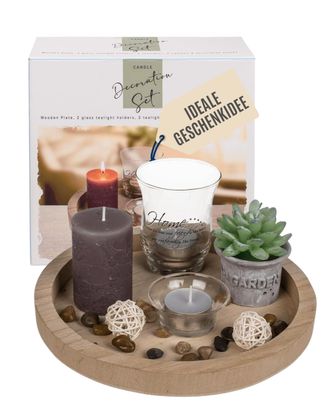 Out of the Blue Dekoteller Holz rund - Durchmesser 25 cm - Rustikales Deko-Set mit 2 Glas-Teelichthaltern, Kerzen & Steinen - Tischdeko im Landhausstil & Geschenkidee
