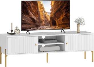 HOMCOM TV-M&ouml;bel 140 cm, TV-M&ouml;bel f&uuml;r Fernseher bis 65 Zoll mit 2 T&uuml;ren, 2 offenen F&auml;chern und Stahlf&uuml;&szlig;en, 2 Kabeldurchl&auml;ssen, moderne TV-Bank f&uuml;r Wohnzimmer,