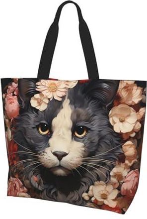 Generic Chat Portant Une Fleur Sac Fourre-Tout D&eacute;contract&eacute; Sacs De Courses Pliable Sac A Main Femmes Pour Voyage Gym Plage