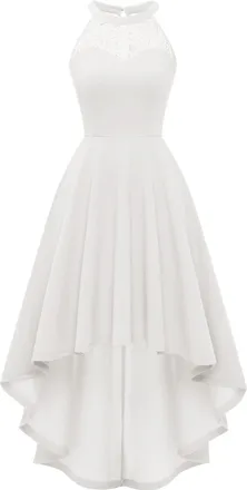 Bbonlinedress BBONL INEDRESS Sommerkleid Damen Neckholder High Low festliches wei&szlig;es Brautkleid Abendkleider elegant f&uuml;r Hochzeit Abschlusskleid lang Strandkleid-1I
