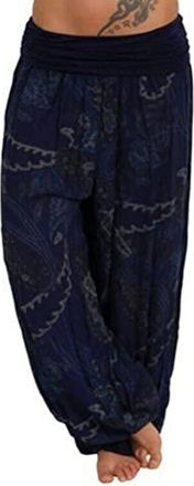 Minetom Femme Harem Pantalon Yoga Sarouel Legers Hippie Baggy Léger Ethnique Calqué Smockée Taille Haute avec Poches Été Plage Pantalon Aladin Jogging B Marin
