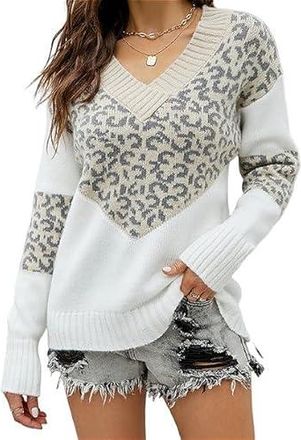 Generic Pull dautomne en tricot Hobo l&eacute;ger pour femme - Imprim&eacute; l&eacute;opard - Col rond - Manches longues - Style r&eacute;tro - Col en V, 001-kaki, XXL