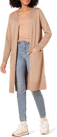 Amazon Essentials Damen Leichter, L&auml;nger Geschnittener, Lang&auml;rmliger Cardigan-Pullover Mit Offener Vorderseite (In &Uuml;bergr&ouml;&szlig;e Erh&auml;ltlich), Kamelbraun Meliert, XS