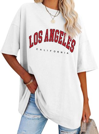 Dresswel Oversized T Shirt Damen Los Angeles California Brief drucken Vintage T-Shirt Kurzarm Rundhals Sommer Oberteile Lose Bluse Lang Tunika Top f&uuml;r Teenager