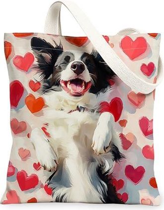 Generic Sac fourre-tout en toile motif Border Collie pour le shopping 33 x 38 cm, sac d&eacute;picerie r&eacute;utilisable pour la Saint-Valentin, sac d&eacute;picerie pour femme,